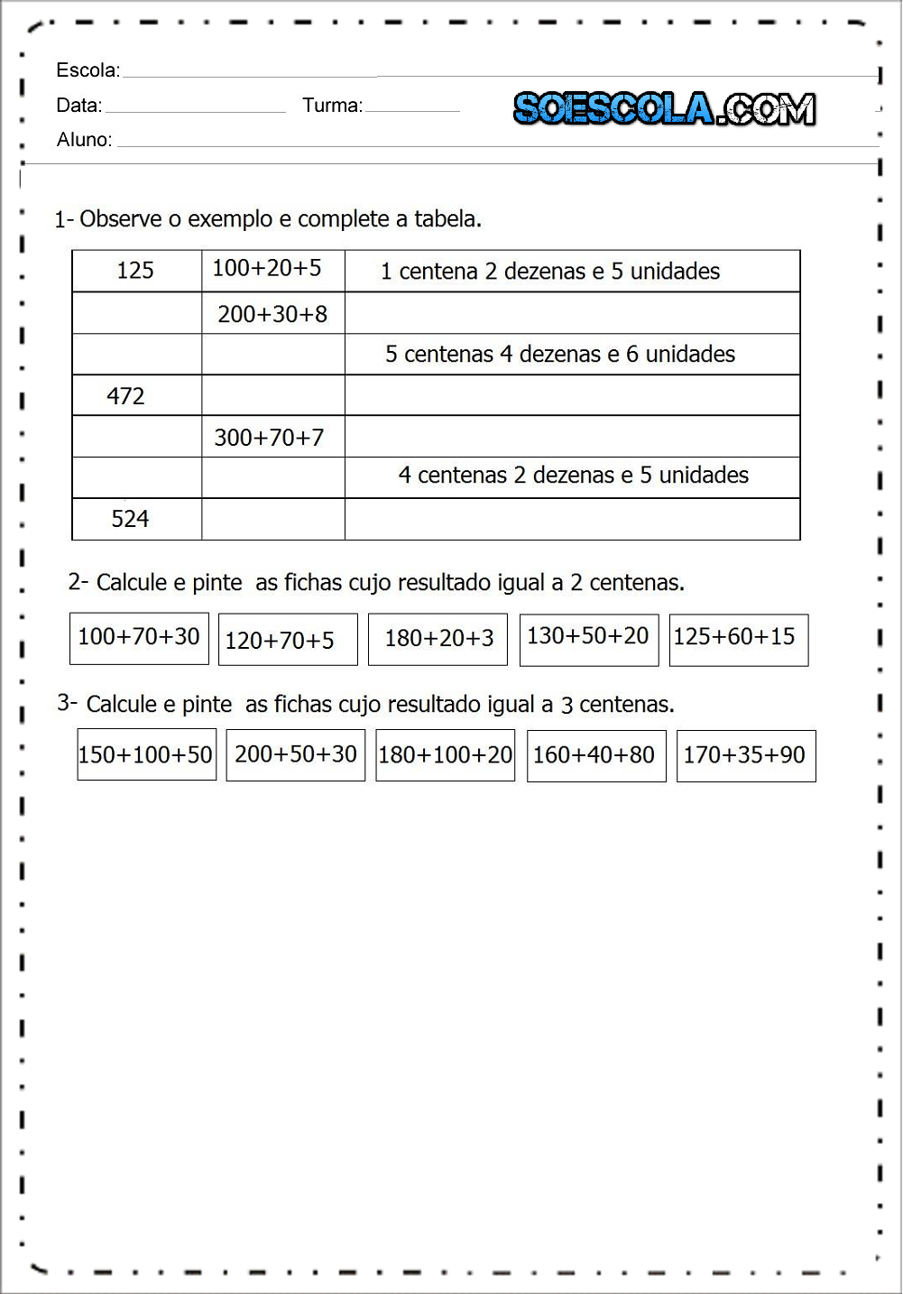 Atividades de Matemática para 2º e 3º ano. - SÓ ESCOLA