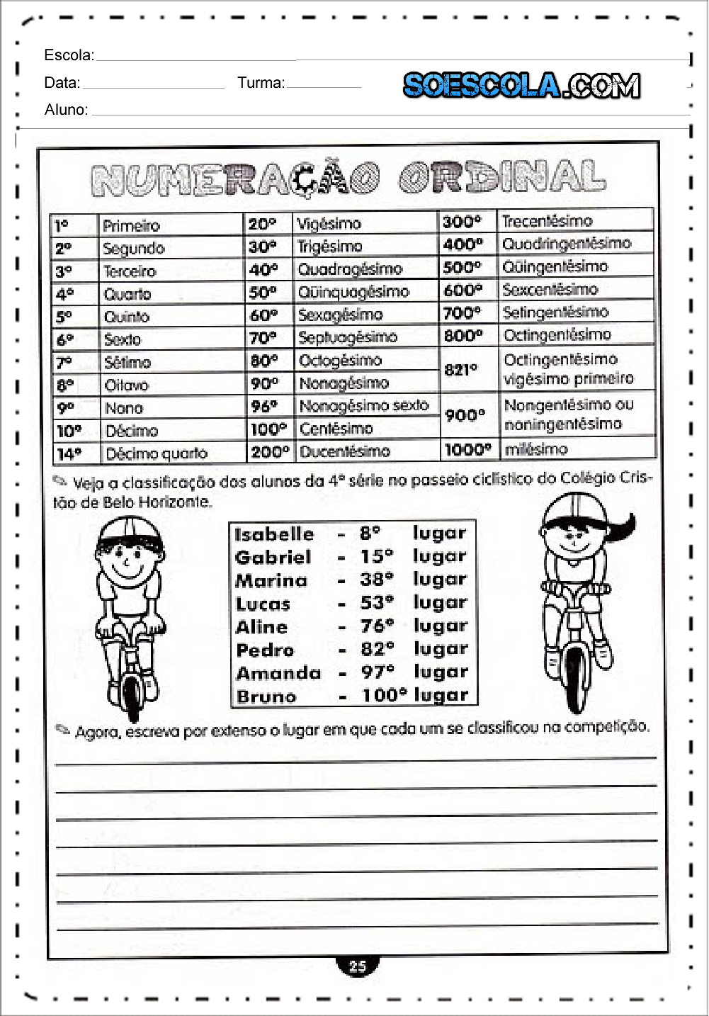 Numeração ordinal - Atividades com Números Ordinais. — SÓ ESCOLA