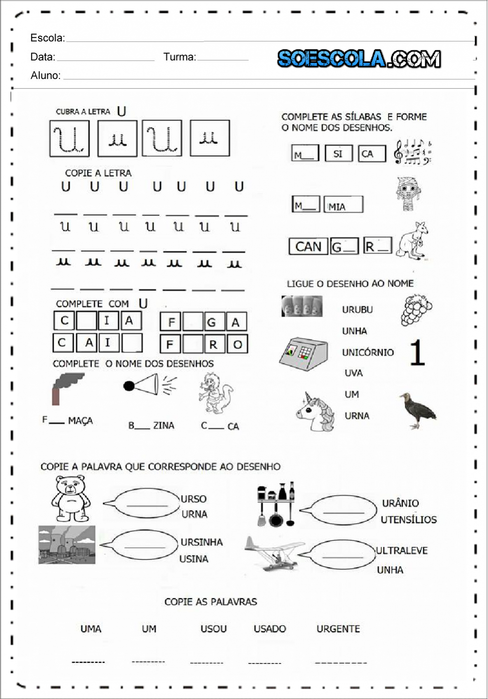 Atividades com Vogais - Letra U — SÓ ESCOLA